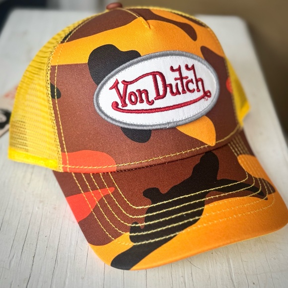Von Dutch | Accessories | Nwt Von Dutch Orange Yellow Camo Trucker Hat ...